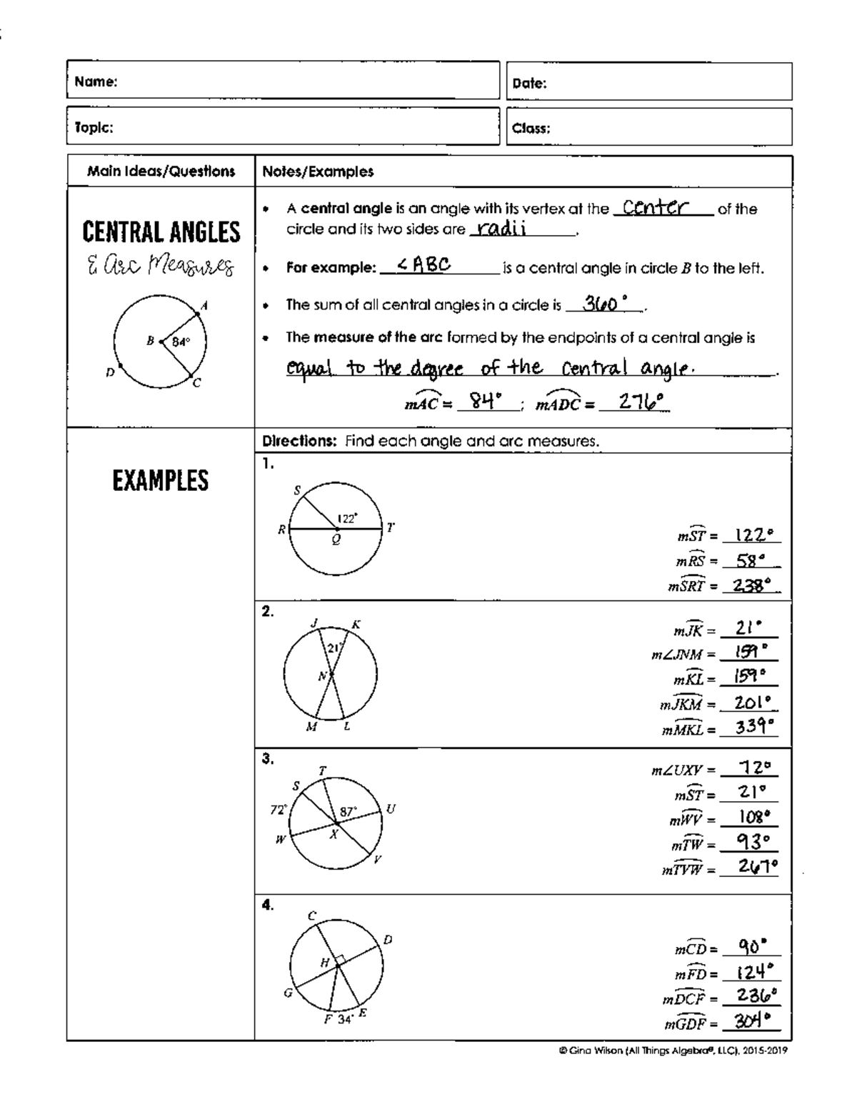 Circles (Unit 10) Day 4 & 5 Homework: Arc Lengths & Central Angles ...