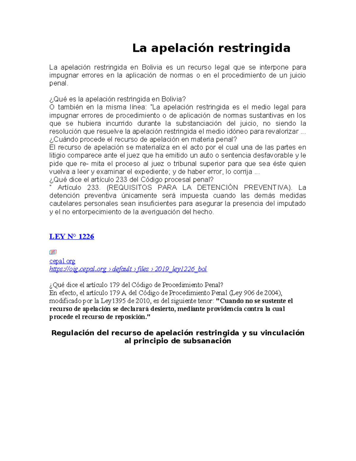 Análisis de la Apelación Restringida en Derecho Procesal Penal en Bolivia - Studocu