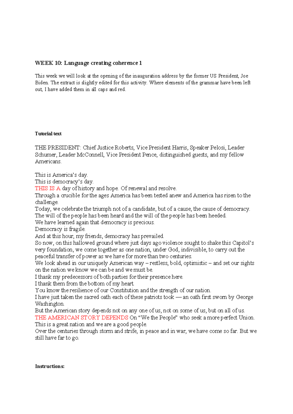 WEEK 10: Analyzing Coherence in Biden's Inaugural Address - Studocu