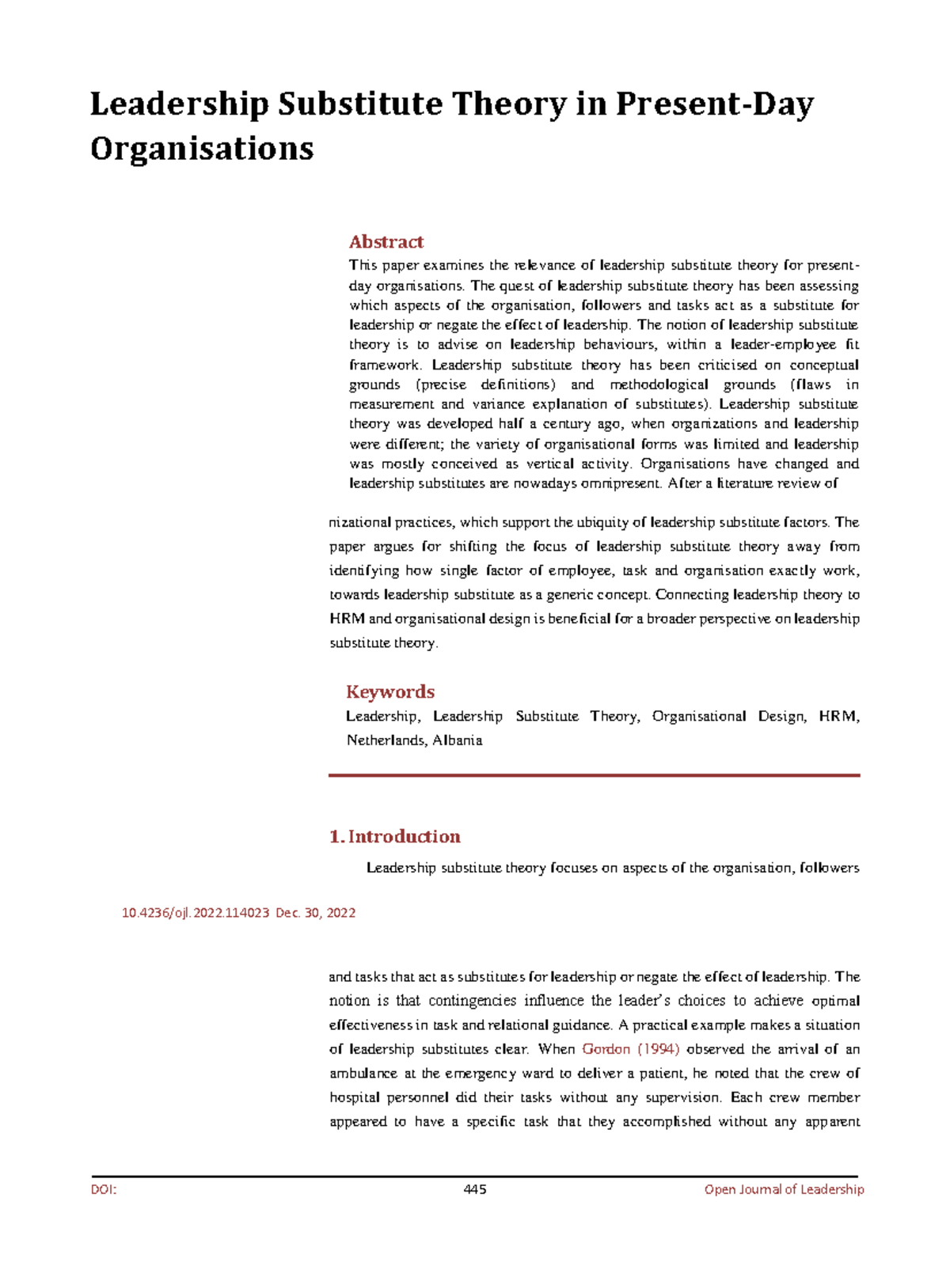2023 Leadership Substitute Theory in Contemporary Organizations ...