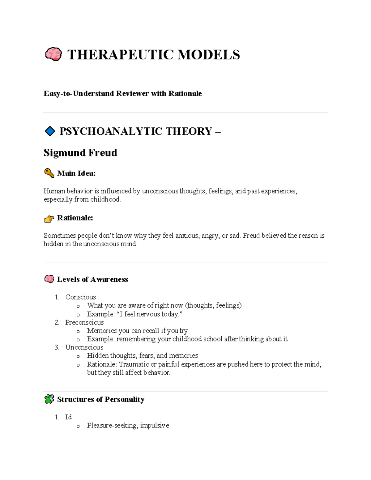 THERAPEUTIC MODELS Review: Psychoanalytic & Cognitive Theories - Studocu