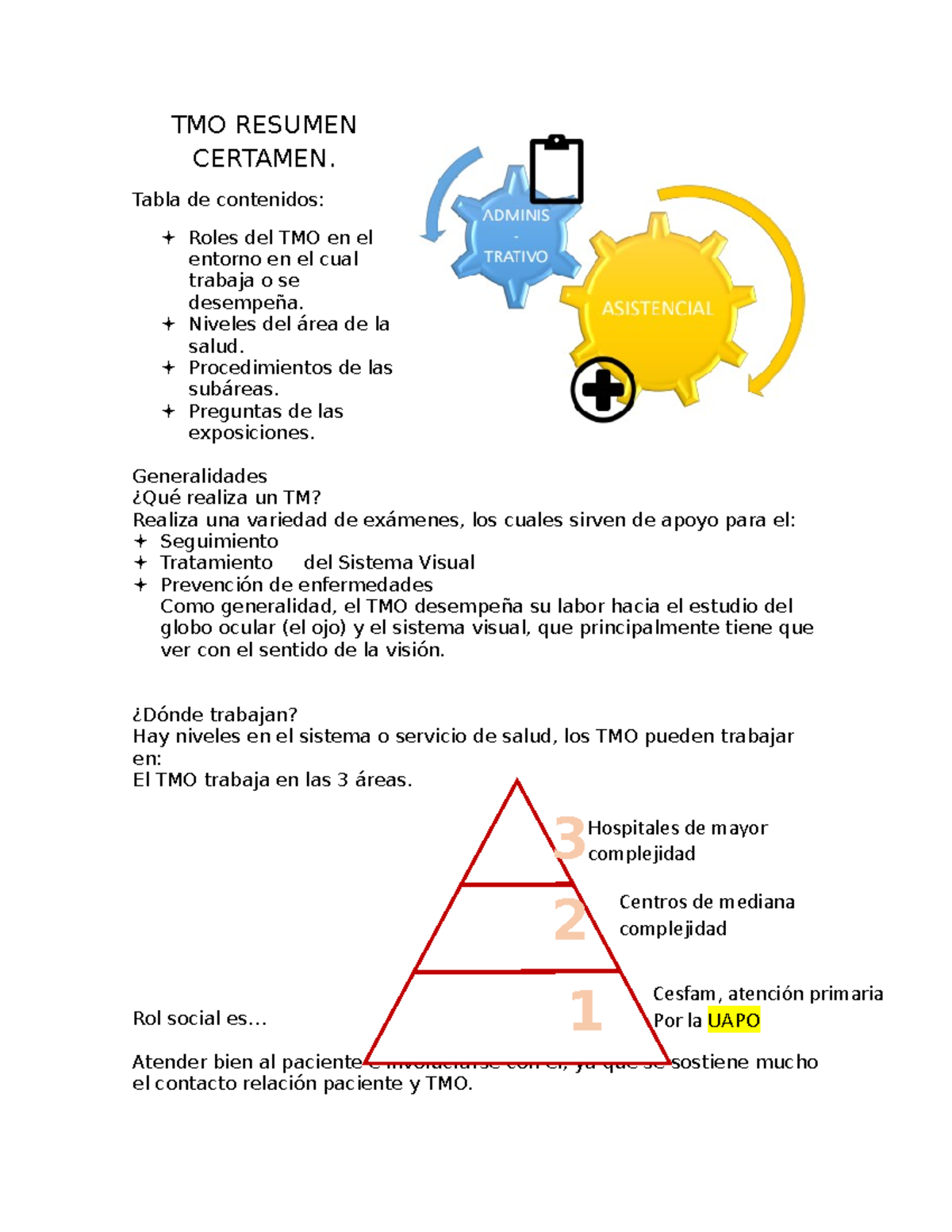 Resumen TMO - TMO RESUMEN CERTAMEN. Tabla de contenidos: Roles del TMO ...