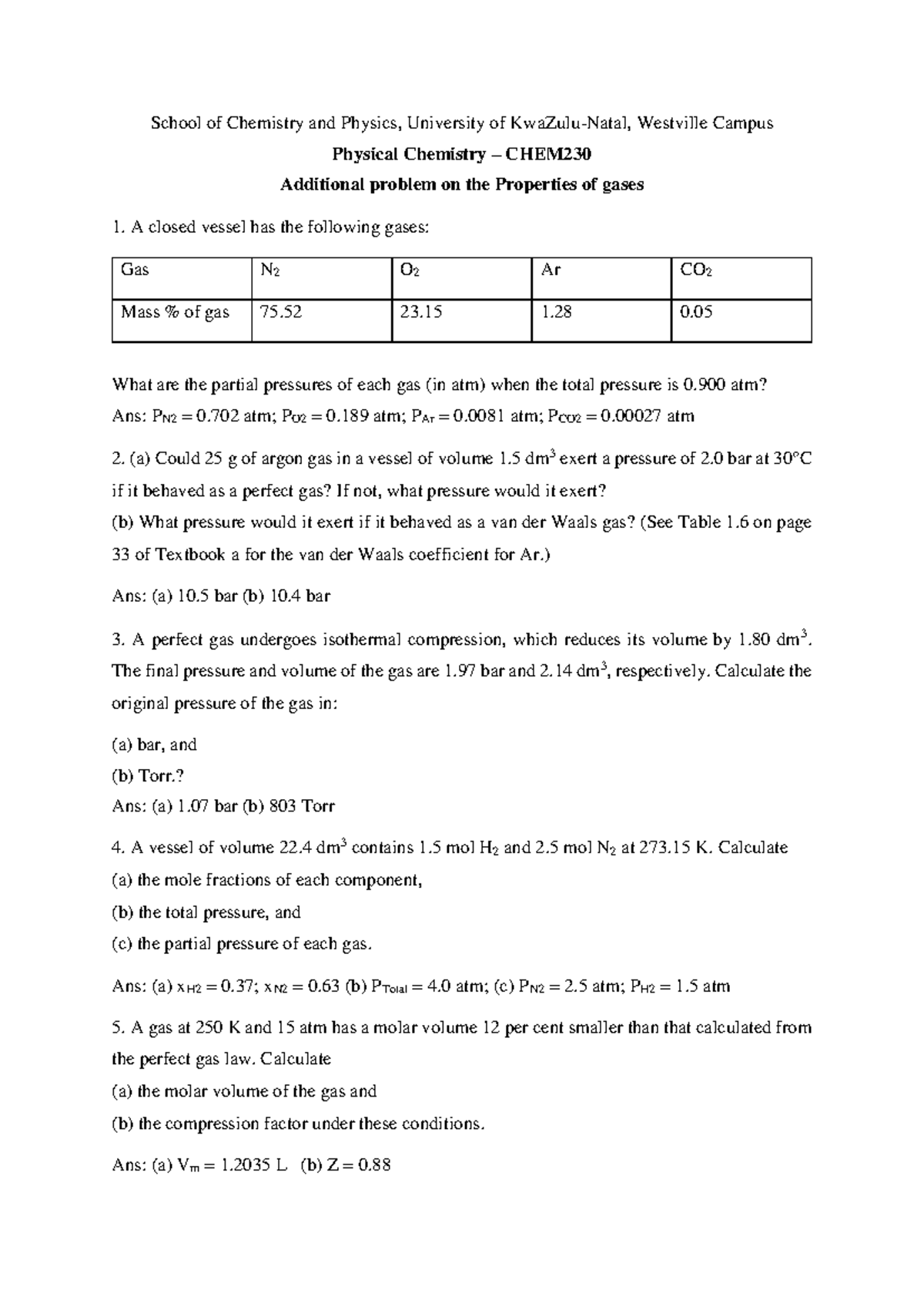 Gases Properties Problems - Physical Chemistry CHEM Study Notes - Studocu