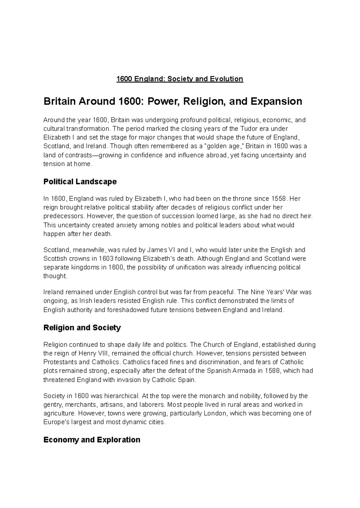 1600 England: Society, Politics, and Religion in Britain Essay - Studocu