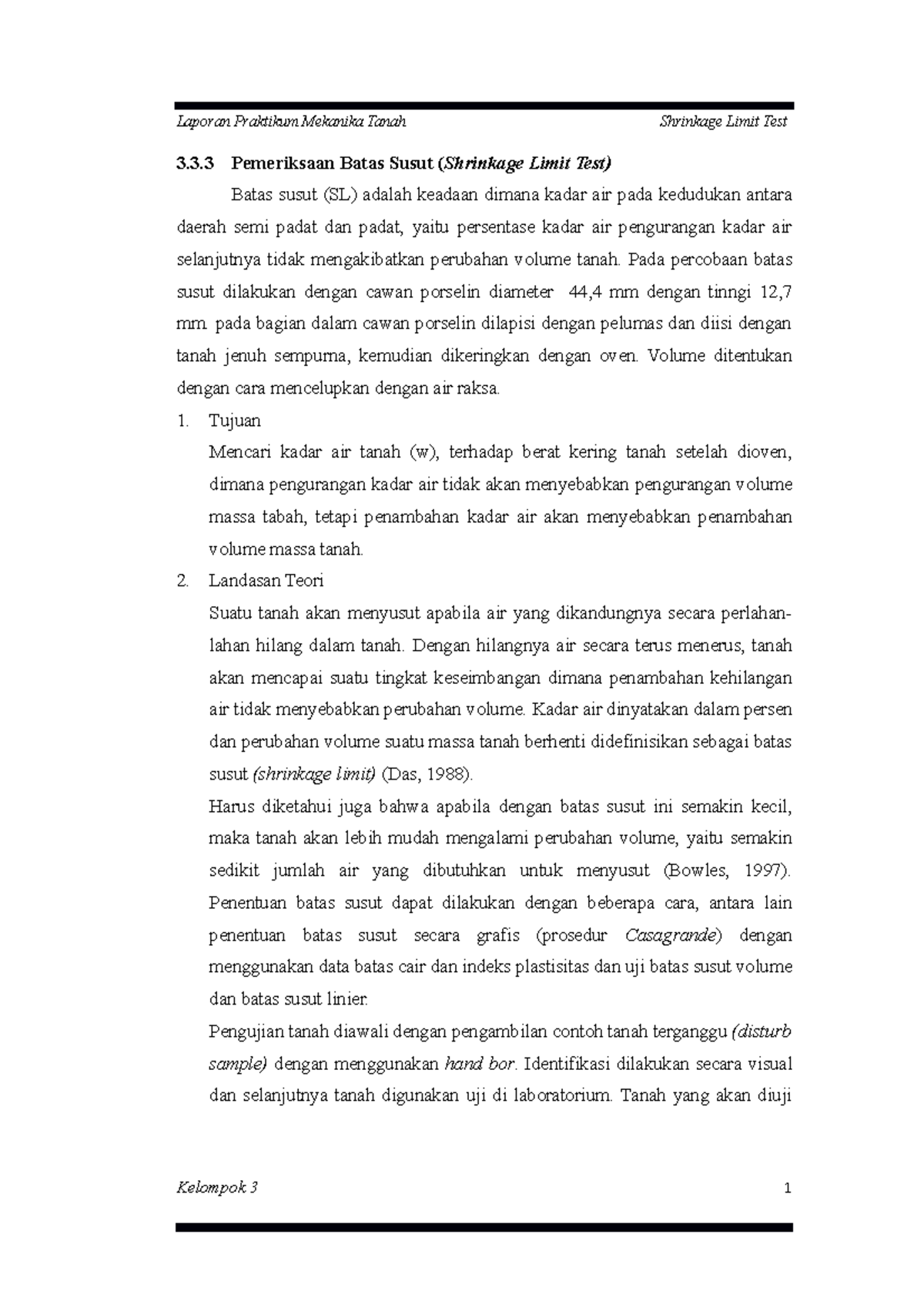 Laporan Praktikum Mekanika Tanah: Uji Batas Susut (SL Test) - Studocu
