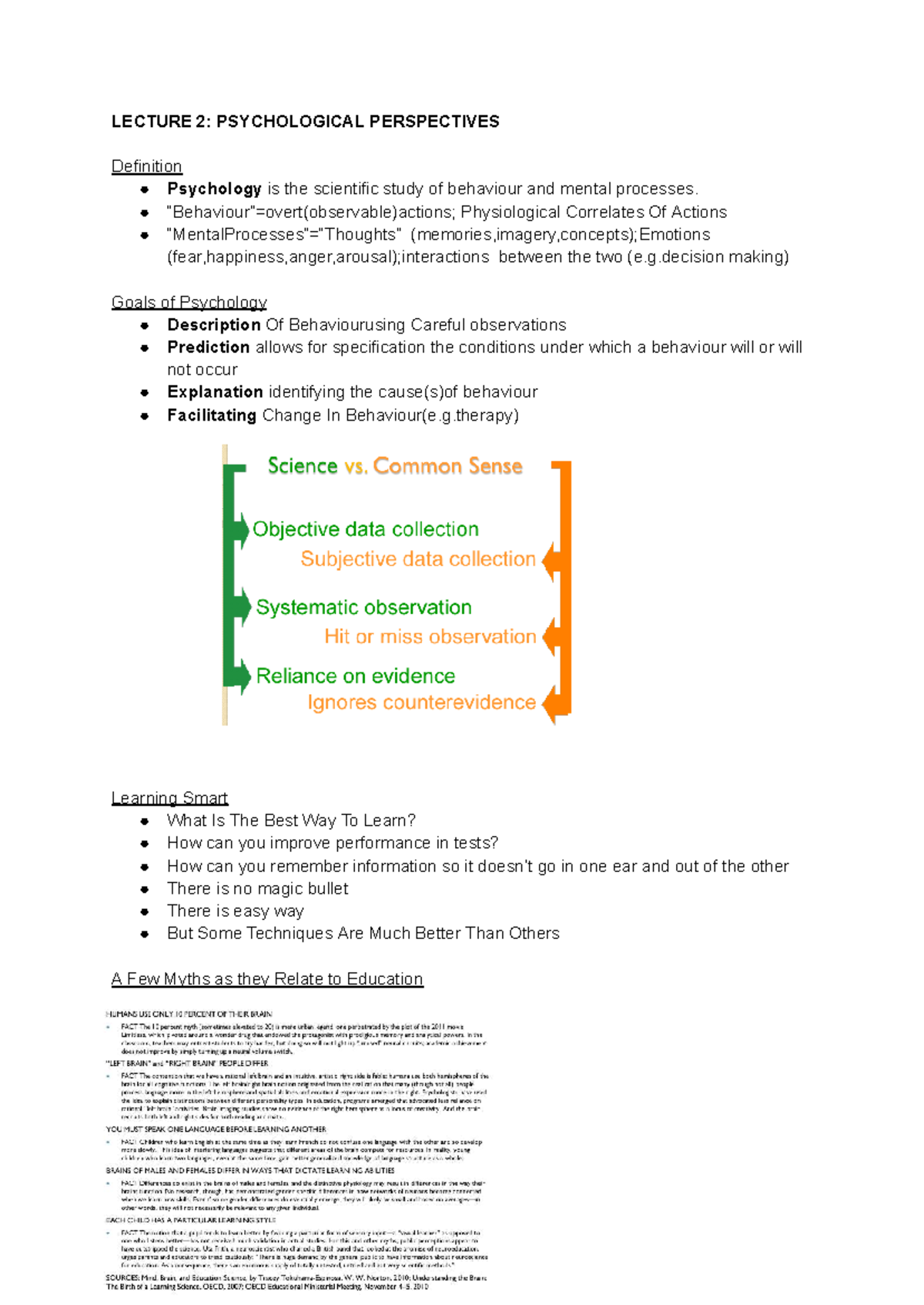 PSYC1001 Lecture Notes: Psychological Perspectives and Learning ...