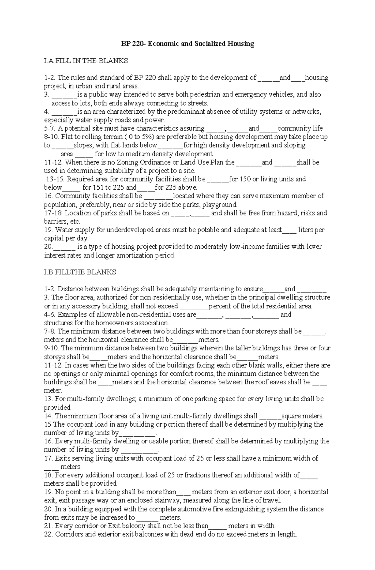 BP 220 Economic and Socialized Housing Fill-in-the-Blanks Guide - Studocu
