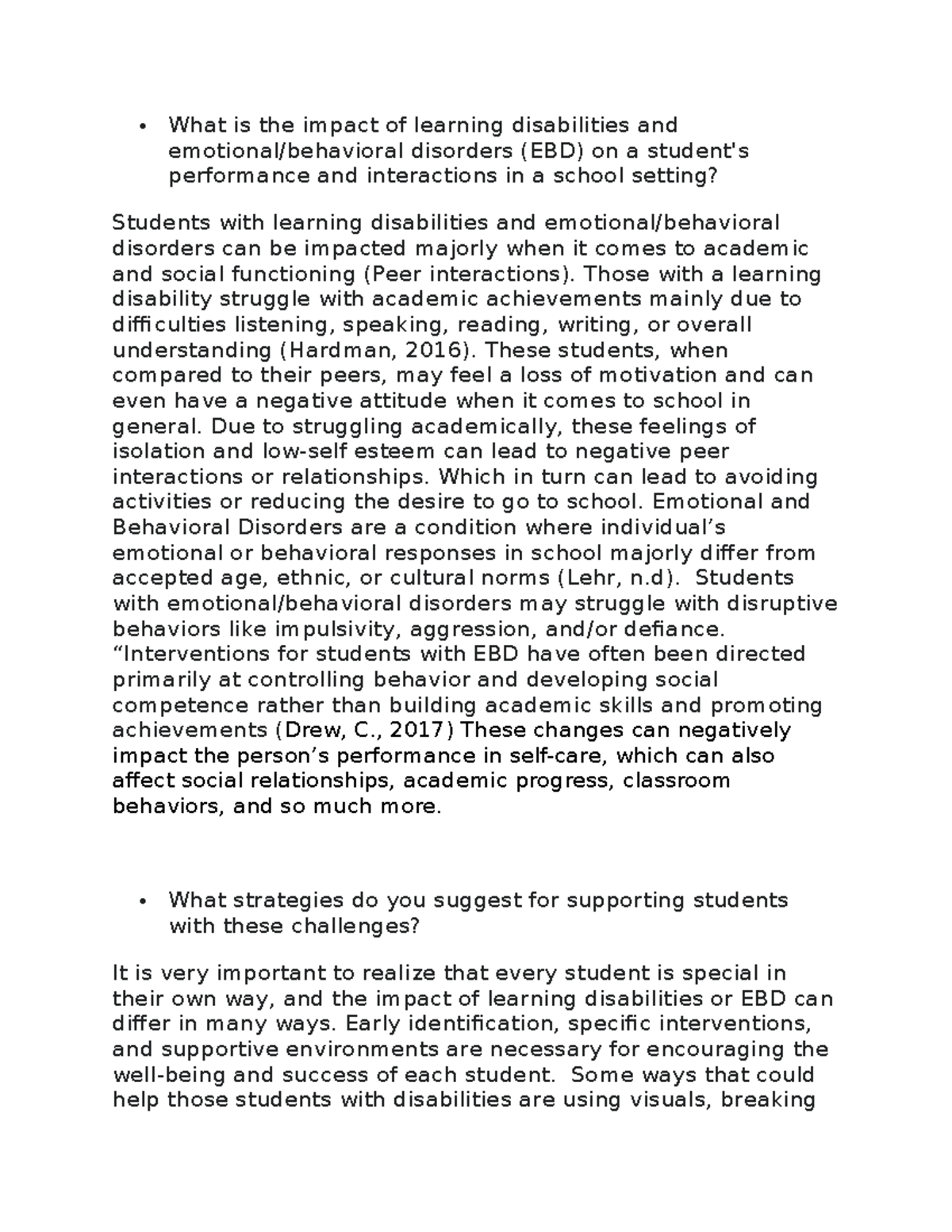 PSY 230 Discussion: Impact of Learning Disabilities & EBD on Students ...
