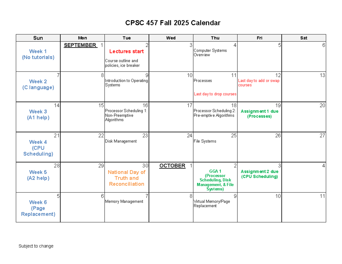 CPSC 457 Fall 2025 Course Schedule and Important Dates - Studocu