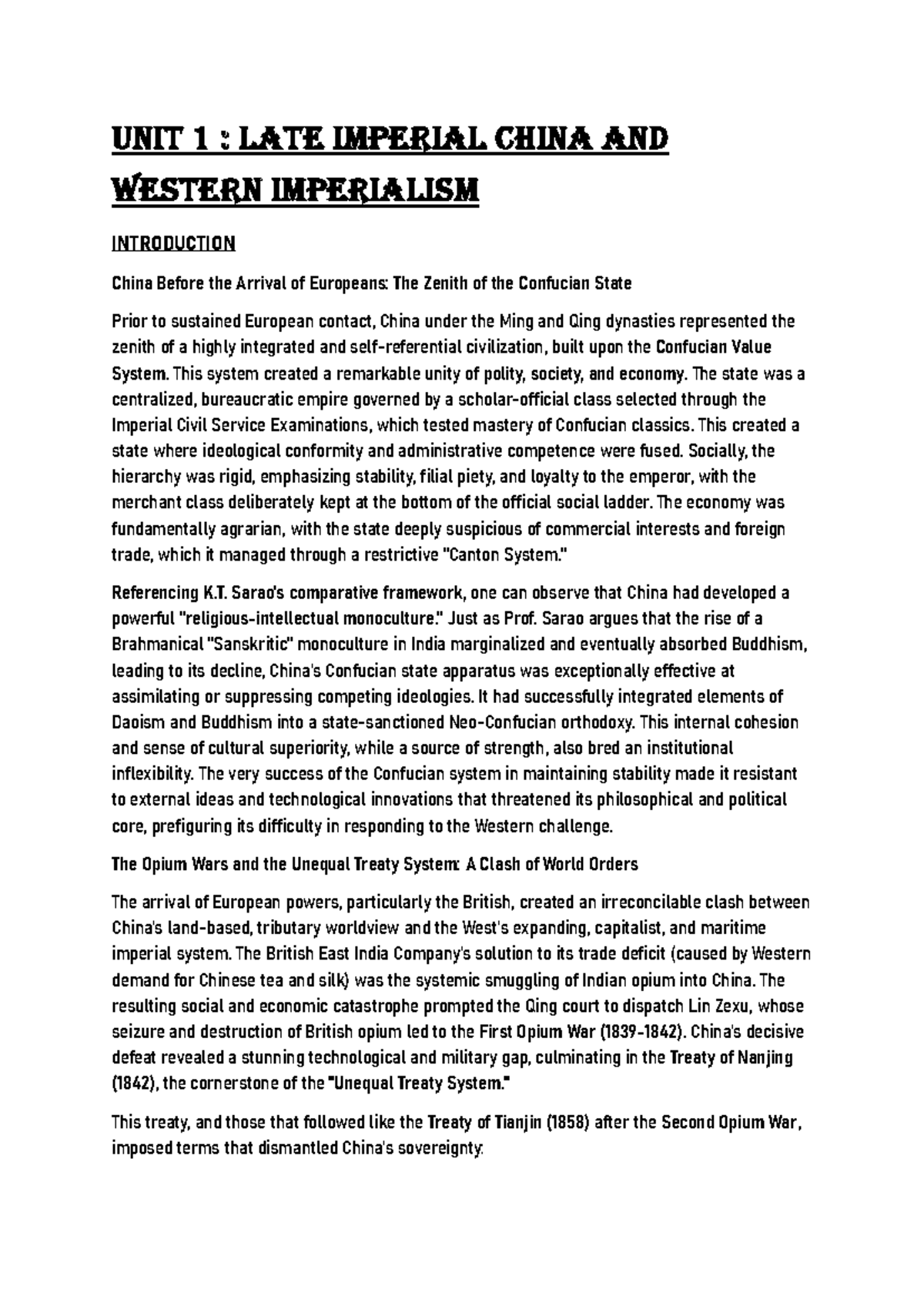 UNIT 1: Late Imperial China & Western Imperialism Overview - Studocu