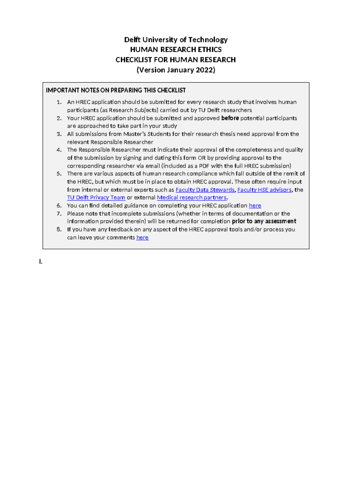 HREC Approval Checklist for Human Research at TU Delft - Jan 2022 ...