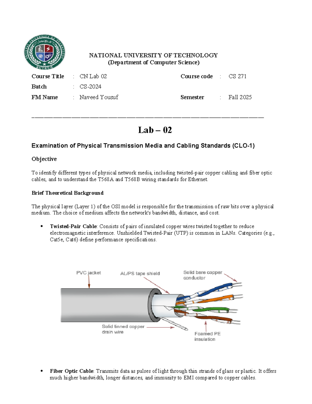 CN Lab 02: Examining Physical Transmission Media & Cabling Standards ...