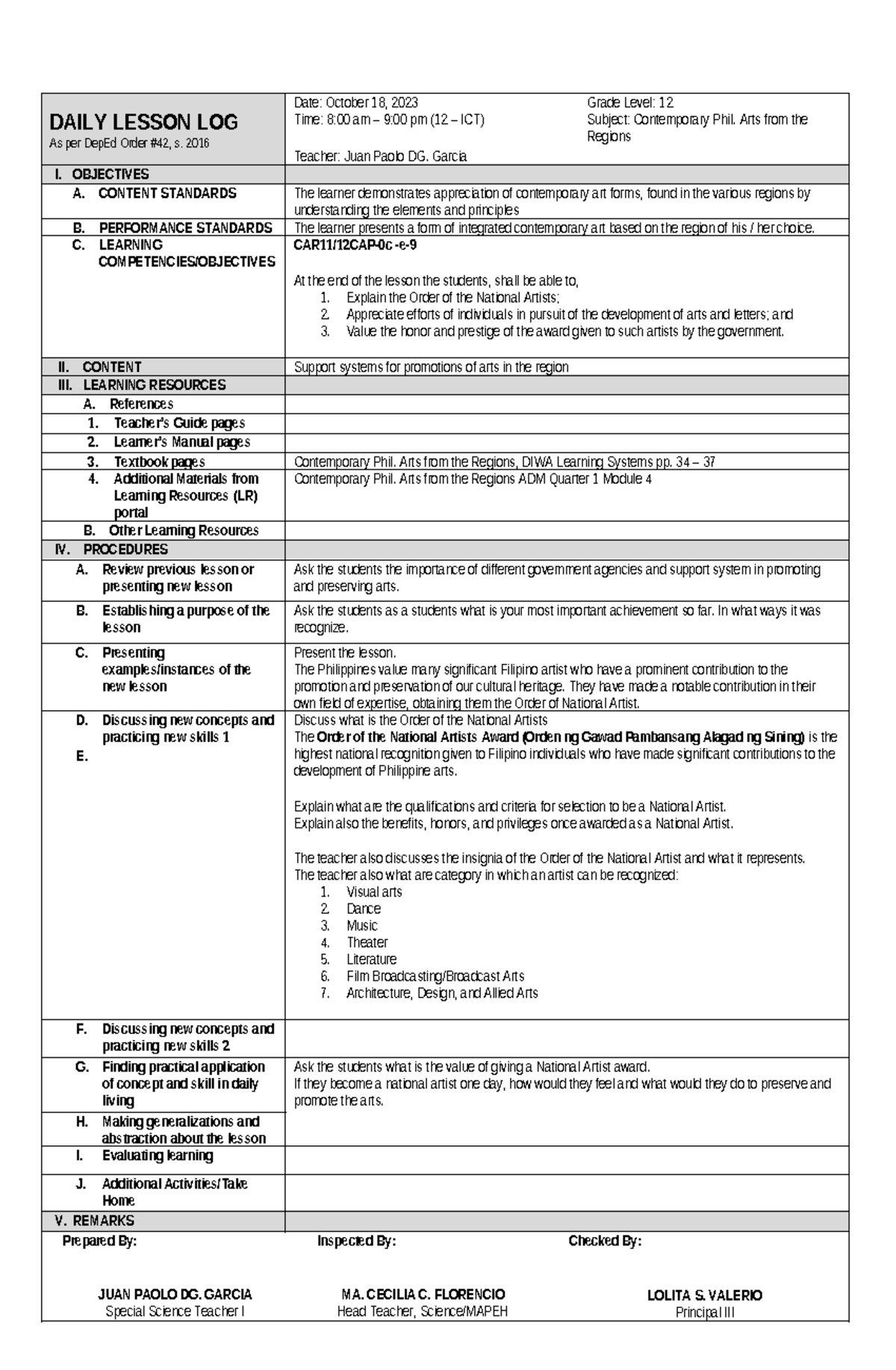 DLL Q1 W6 D3: National Artist of the Philippines Lesson Plan - Studocu