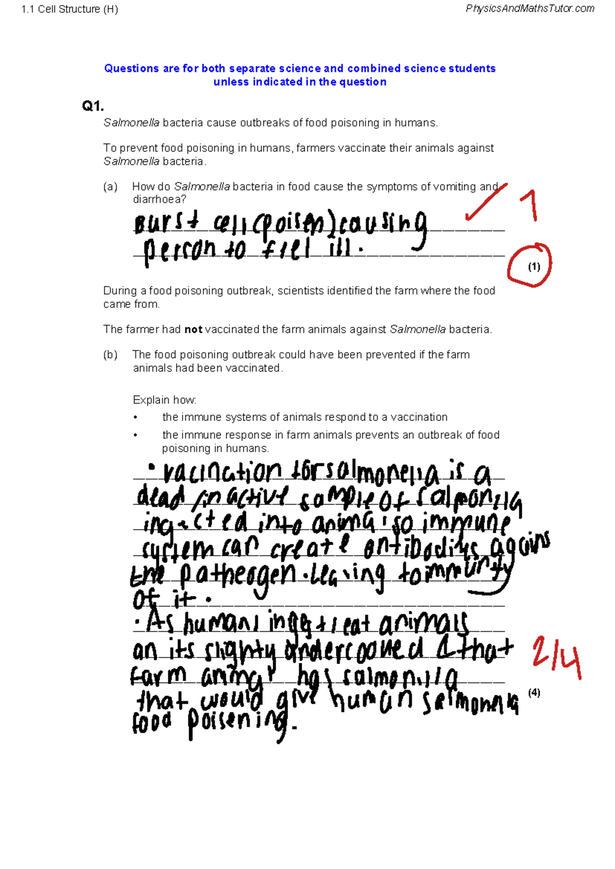 1.1 Cell Structure (H) Quiz Questions on Salmonella and Microscopy ...