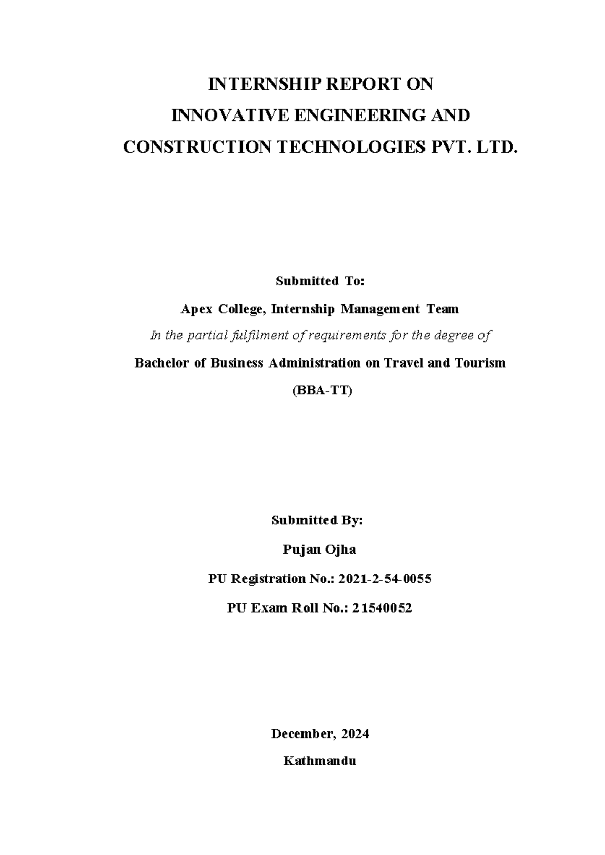 Pujan's Final Internship Report - BBA-TT at Innovative Engineering ...