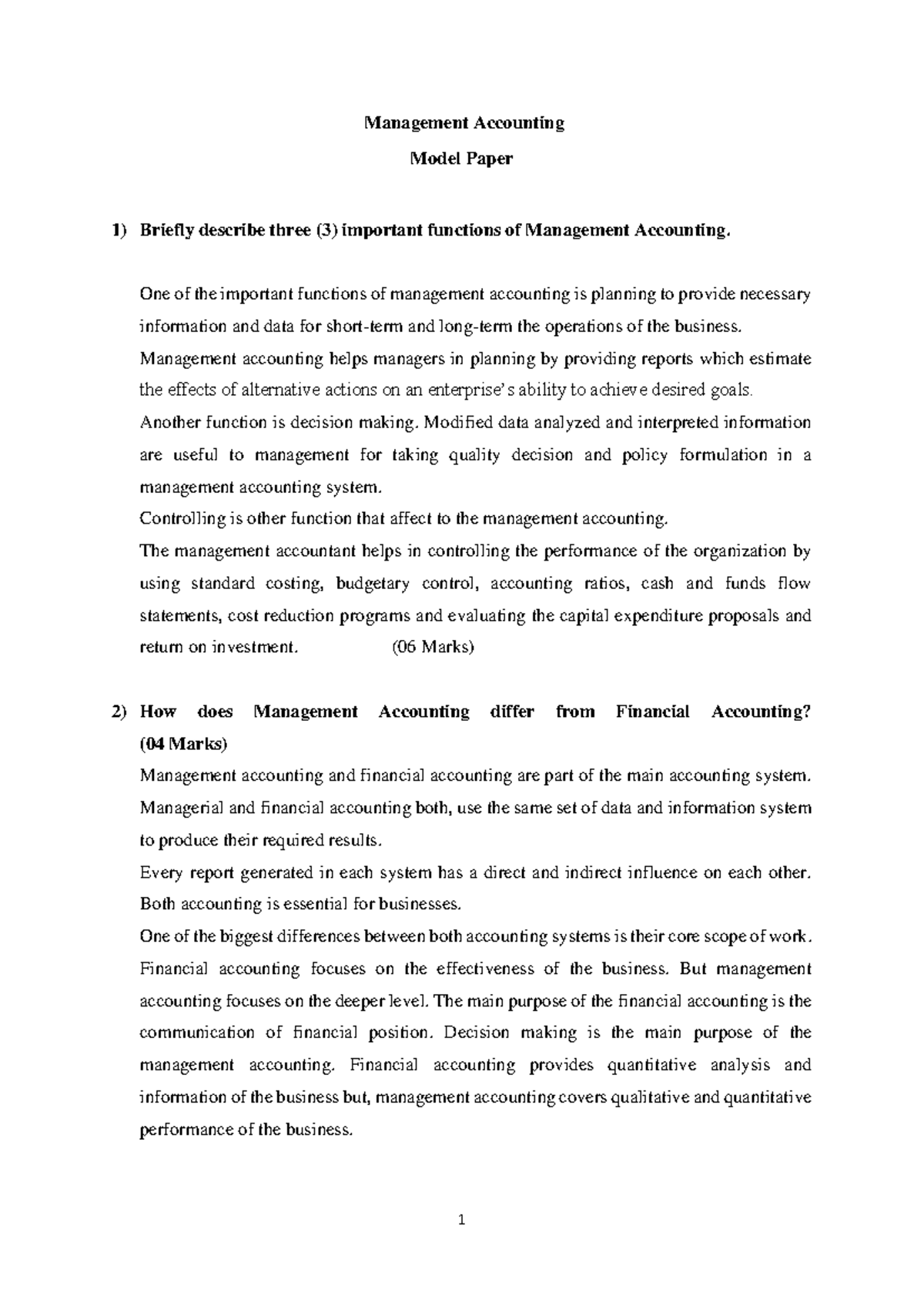 Management Accounting-Model Paper with Answers - Management Accounting ...