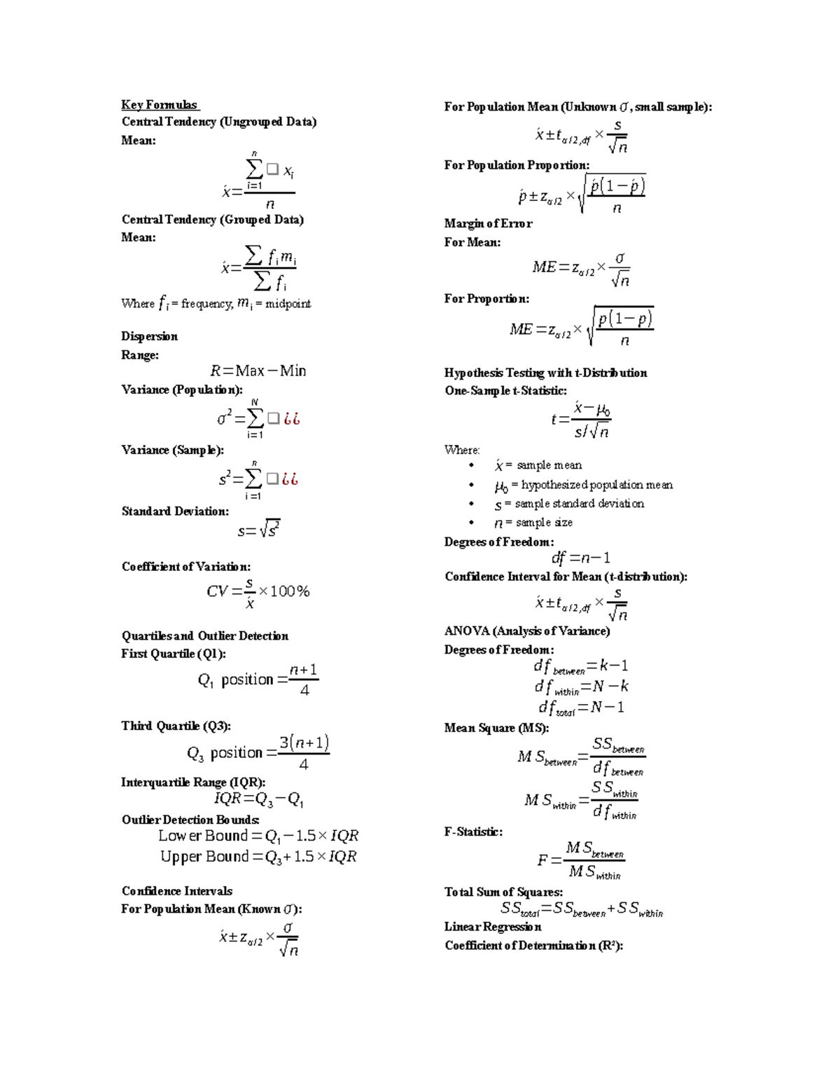 Statistics Formula Sheet: Key Concepts in Central Tendency & Dispersion ...