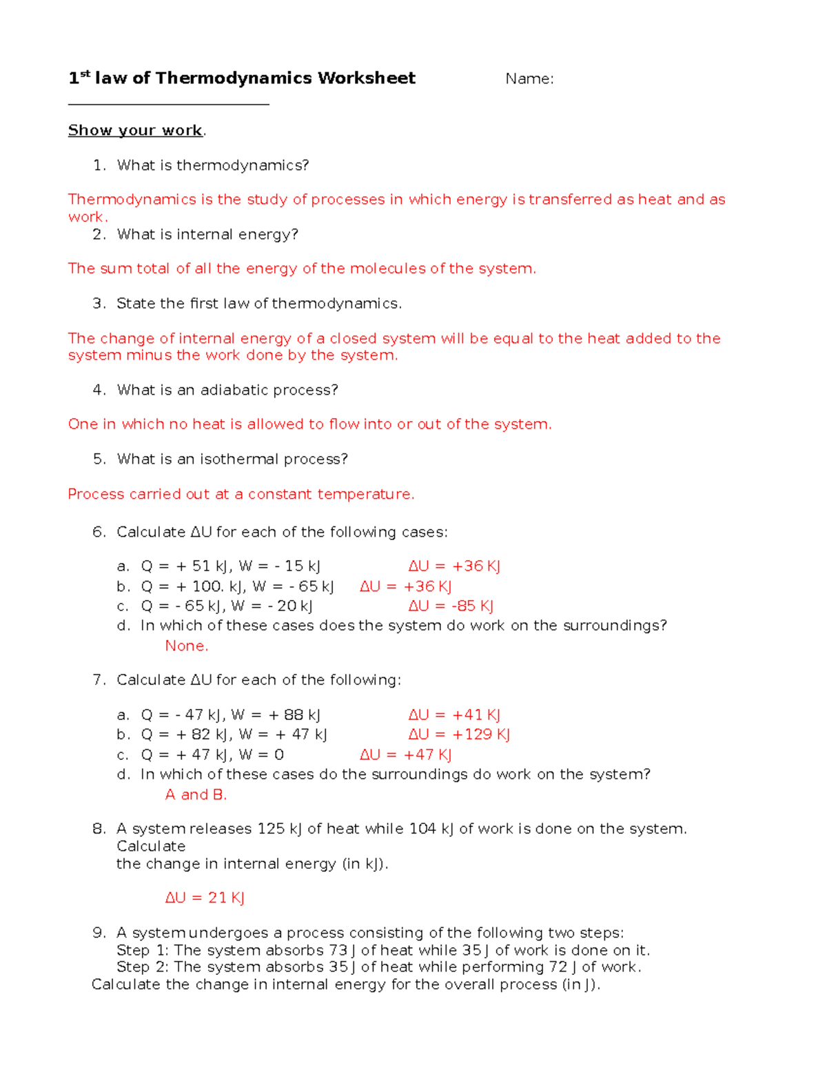 Worksheet - 1st Law of Thermodynamics Overview and Key Questions - Studocu