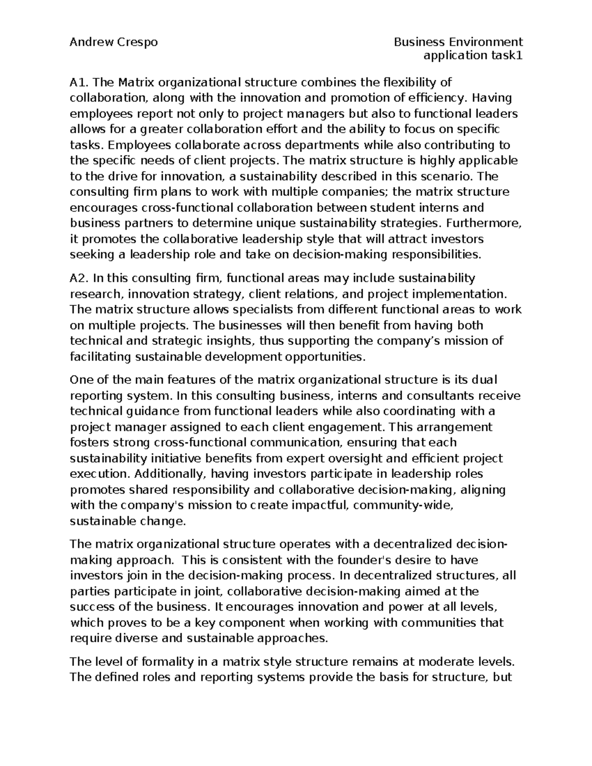 Business Environment A1: Matrix Organizational Structure Analysis - Studocu