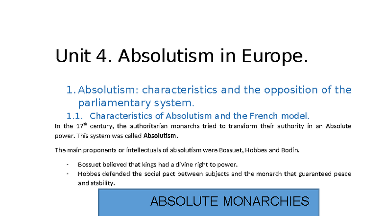 Unit 4: Absolutism in Europe - Characteristics & Parliamentary ...
