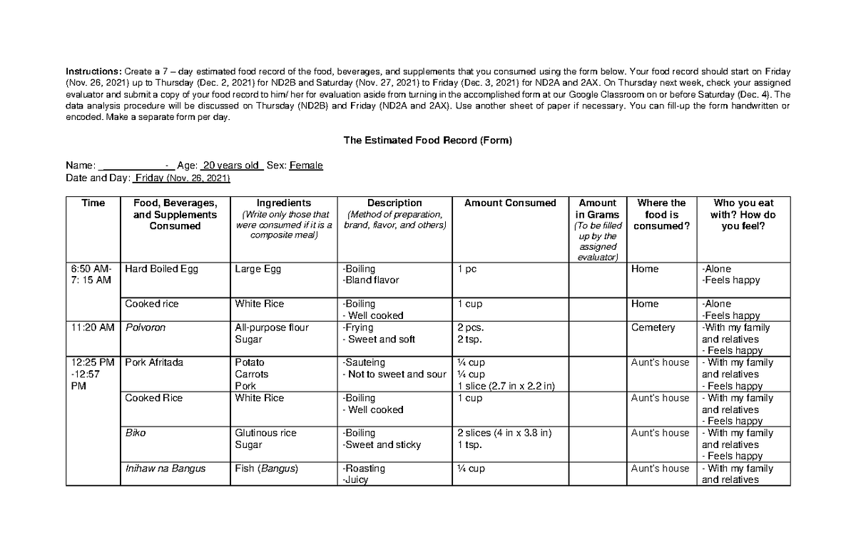 4 FT. The Estimated Food Record Form - Instructions: Create a 7 – day ...