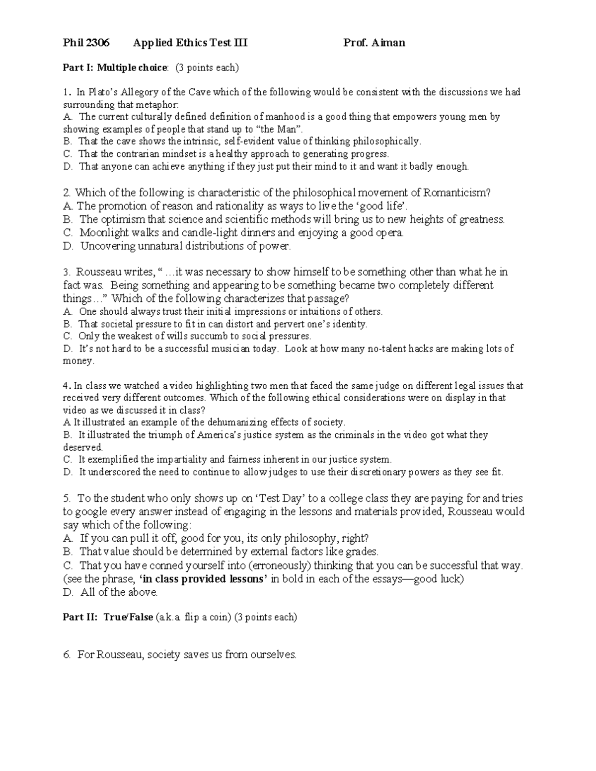 Phil 2306 Applied Ethics Test #3: Multiple Choice Questions - Studocu