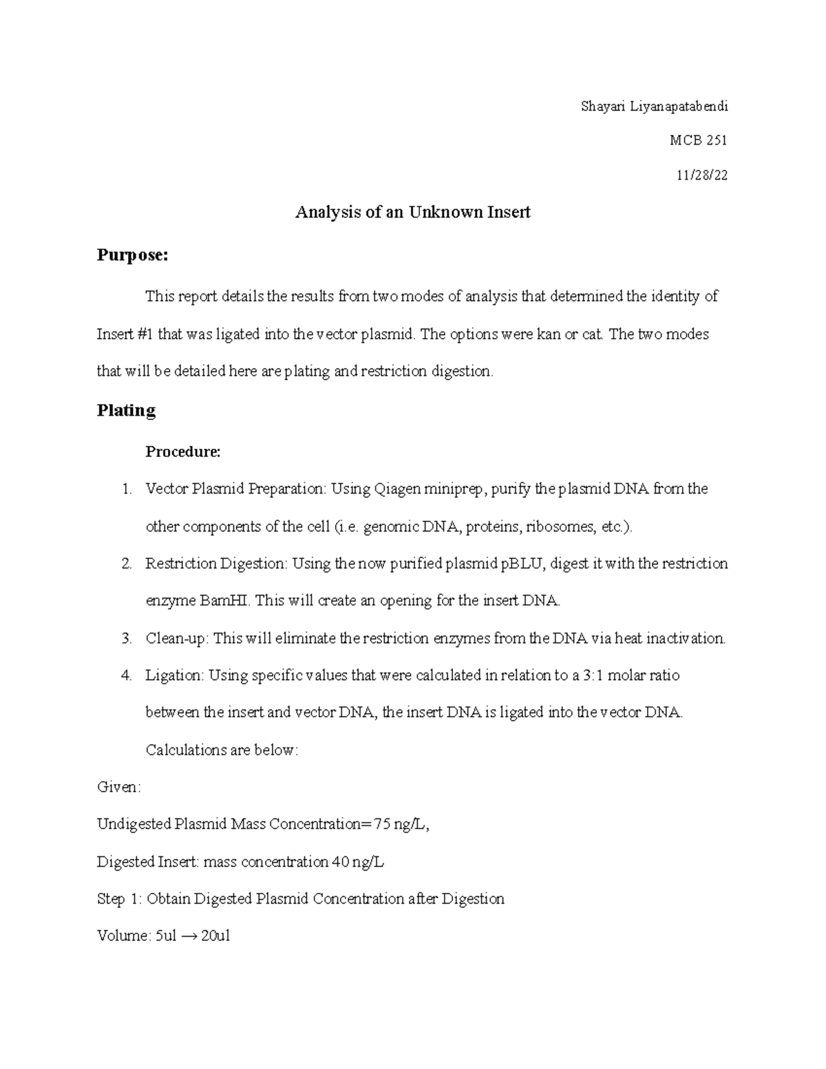 MCB 251 Week 12 Unknown Insert Analysis Report - Studocu
