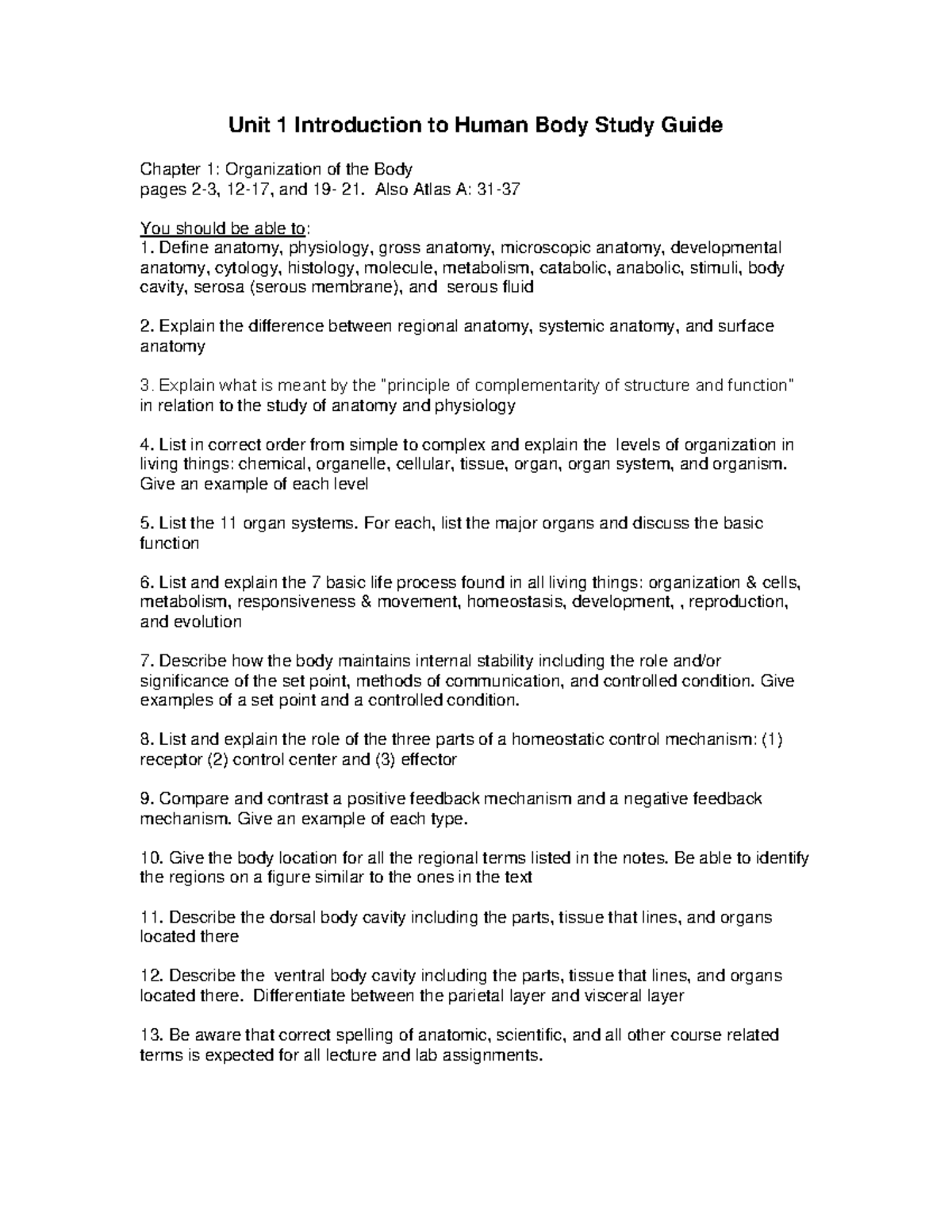 BIO150 Unit 1 Study Guide: Introduction to Human Body Concepts - Studocu