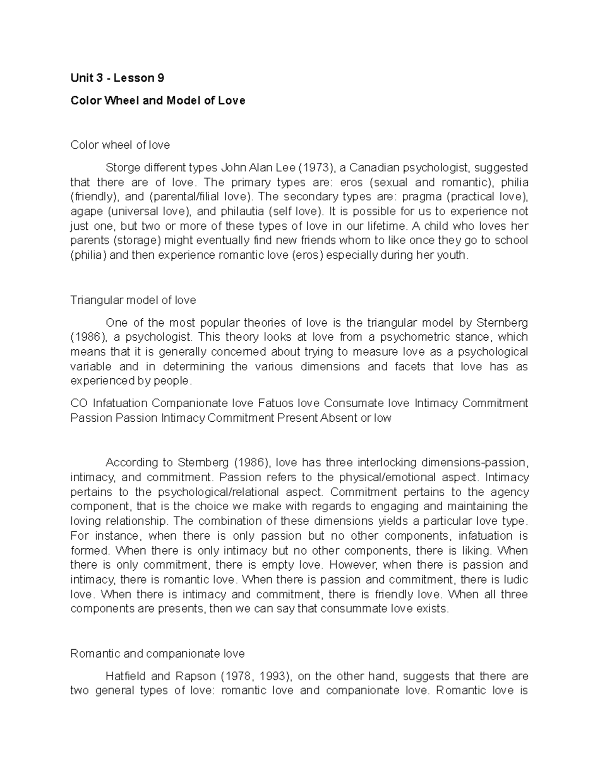 Color Wheel and Model of Love - Unit 3 - Lesson 9 Color Wheel and Model ...