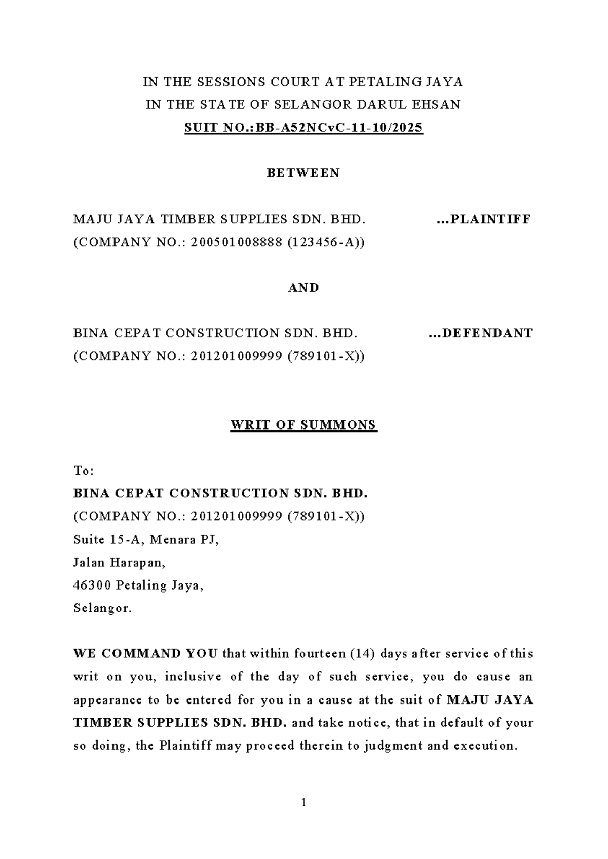 Writ of Summons: Maju Jaya Timber Supplies vs. Bina Cepat Construction ...