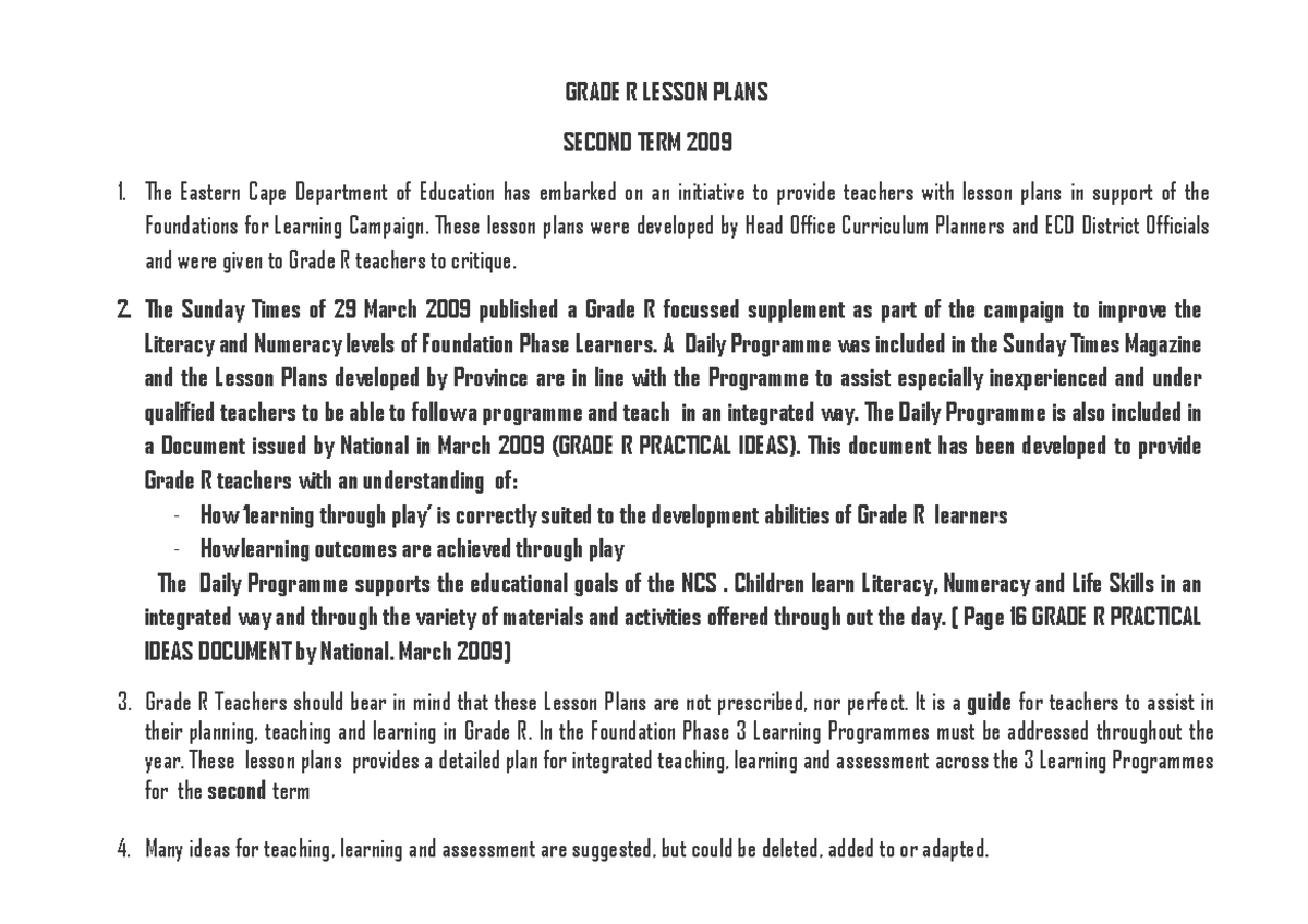2009 T2 Grade R Lesson Plans and Strategies for Effective Teaching ...
