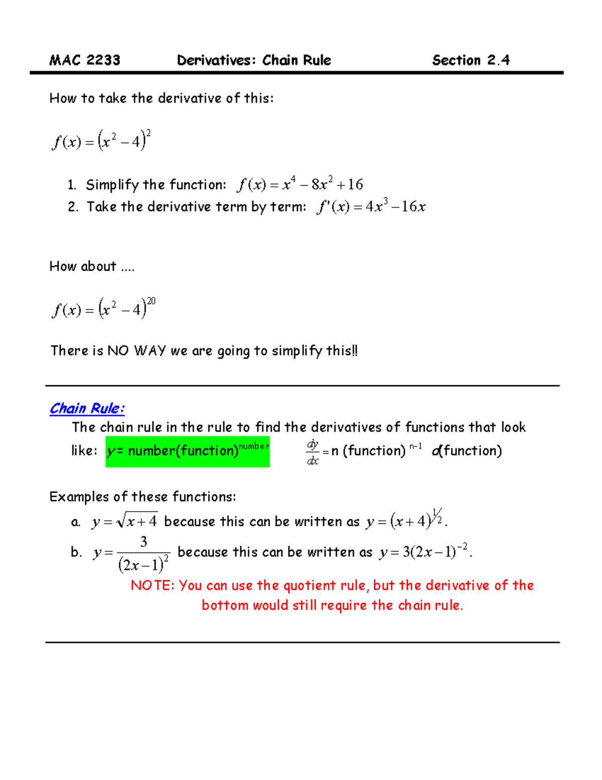 MAC 2233 Final Exam Study Notes: Chain Rule & Derivatives - Studocu