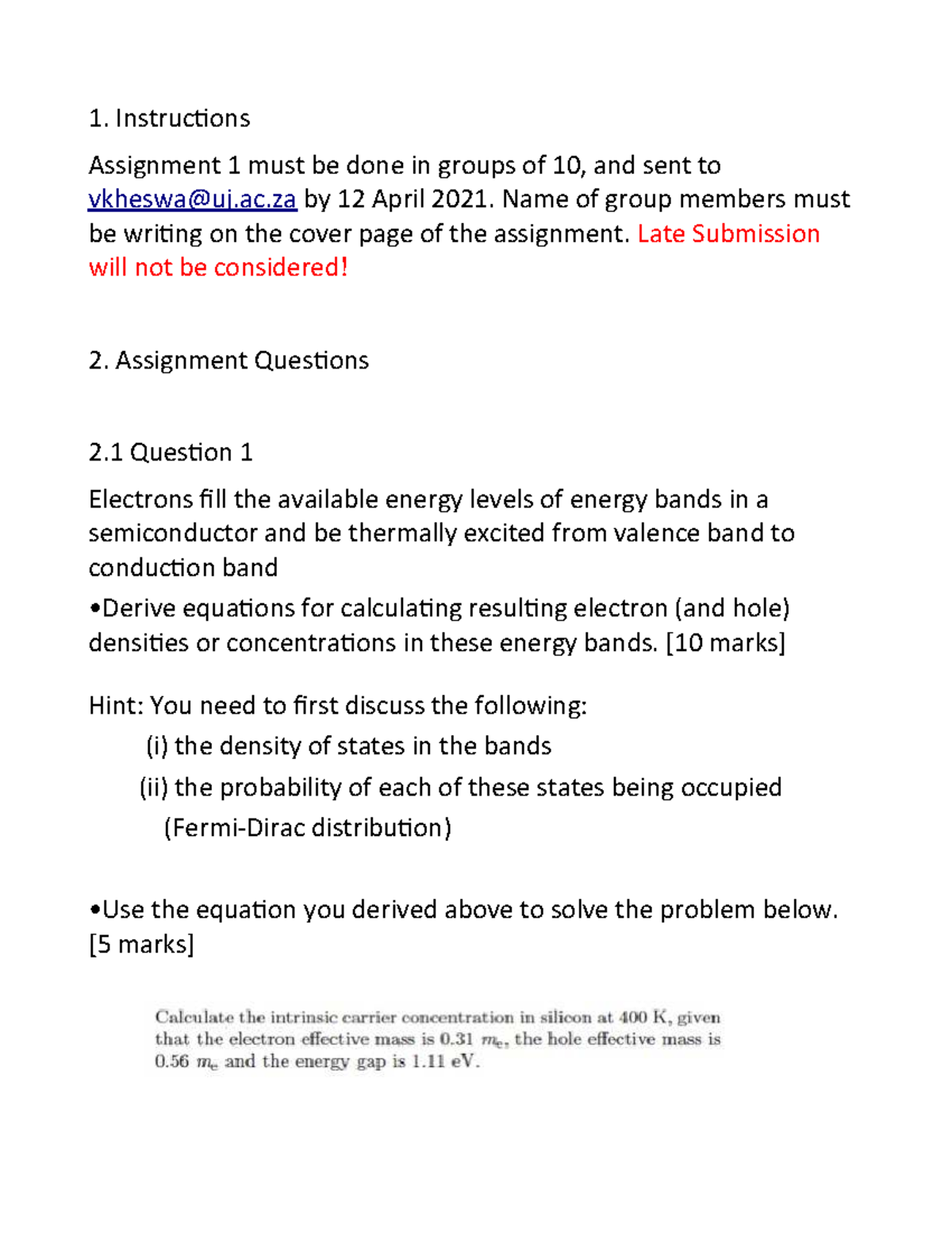 Assignment 1 - Energy Bands in Semiconductors (PHY 101) - Studocu