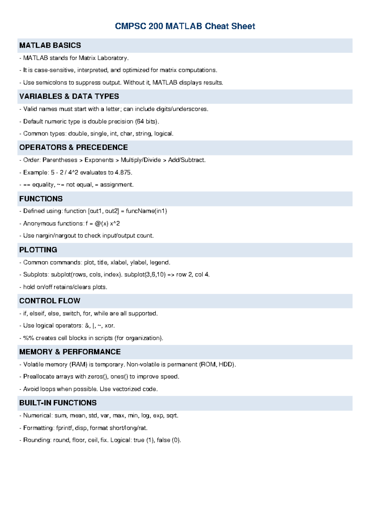 CMPSC 200 MATLAB Basics Cheat Sheet for Engineering Programming - Studocu