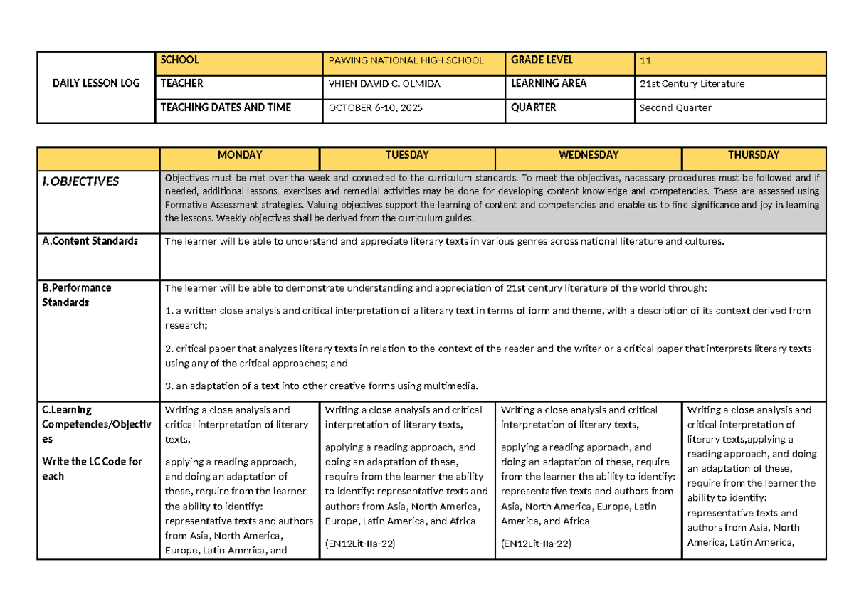 21st Century Literature Lesson Plan - 2nd Quarter Week 4 - Studocu