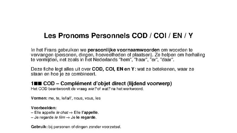 Les Pronoms Personnels COD COI EN Y - Explication en Français - Studocu