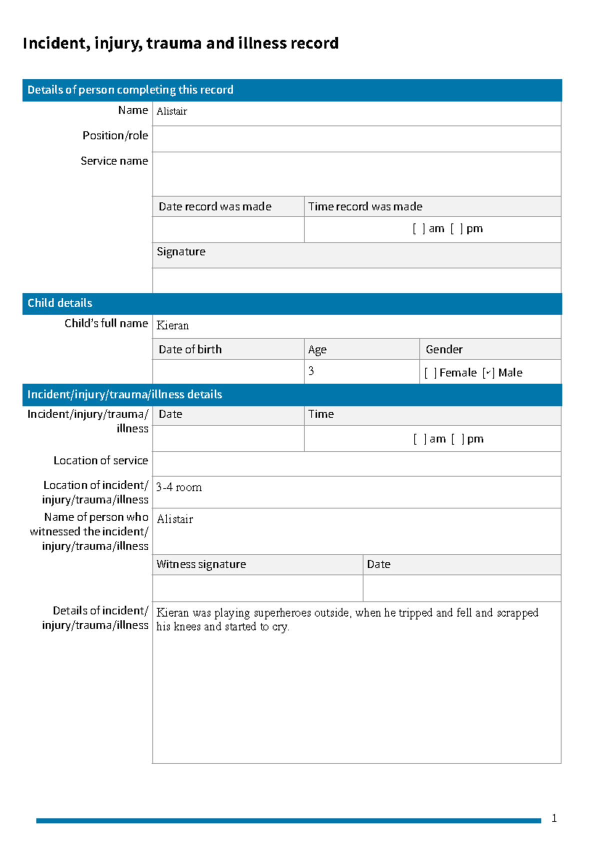 ACECQA Incident, Injury, Trauma & Illness Record - Final Version - Studocu