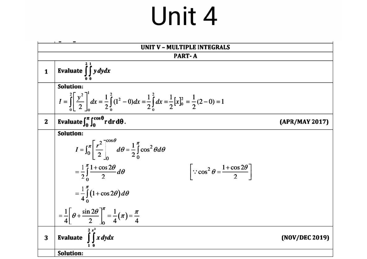 Unit 4 - Multiple Integrals Solutions and Evaluations - Studocu
