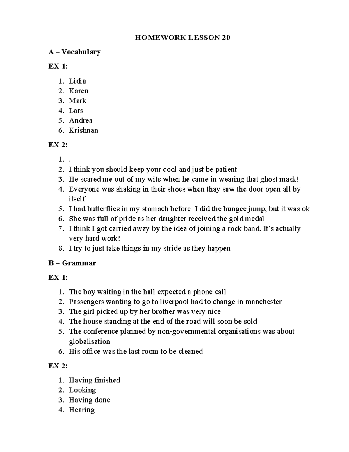 Homework Lesson 20: Vocabulary & Grammar Exercises - Studocu