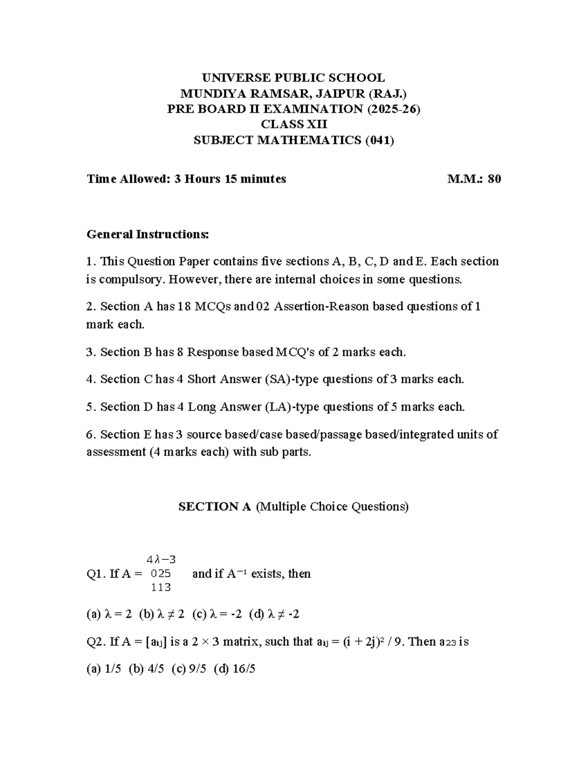 Mathematics Pre Board II Exam Class XII (041) Question Paper - Studocu