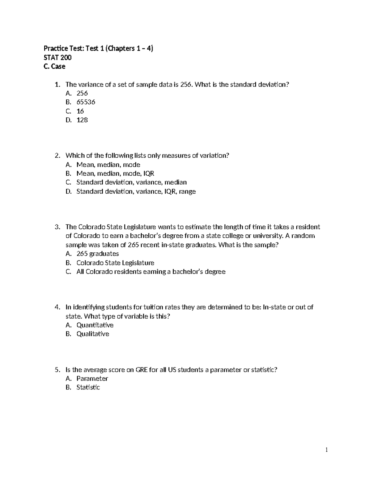 STAT 200 Practice Test 1 Overview (Chapters 1-4) - Studocu