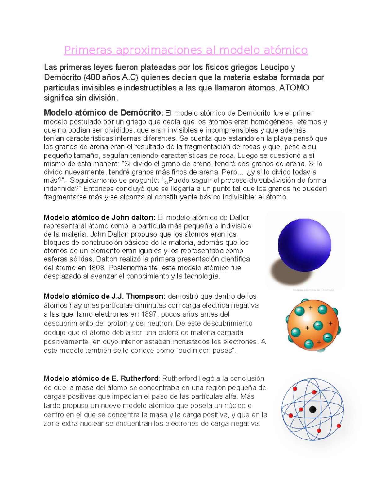 Primeras Aproximaciones al Modelo Atómico: Historia y Evolución - Studocu