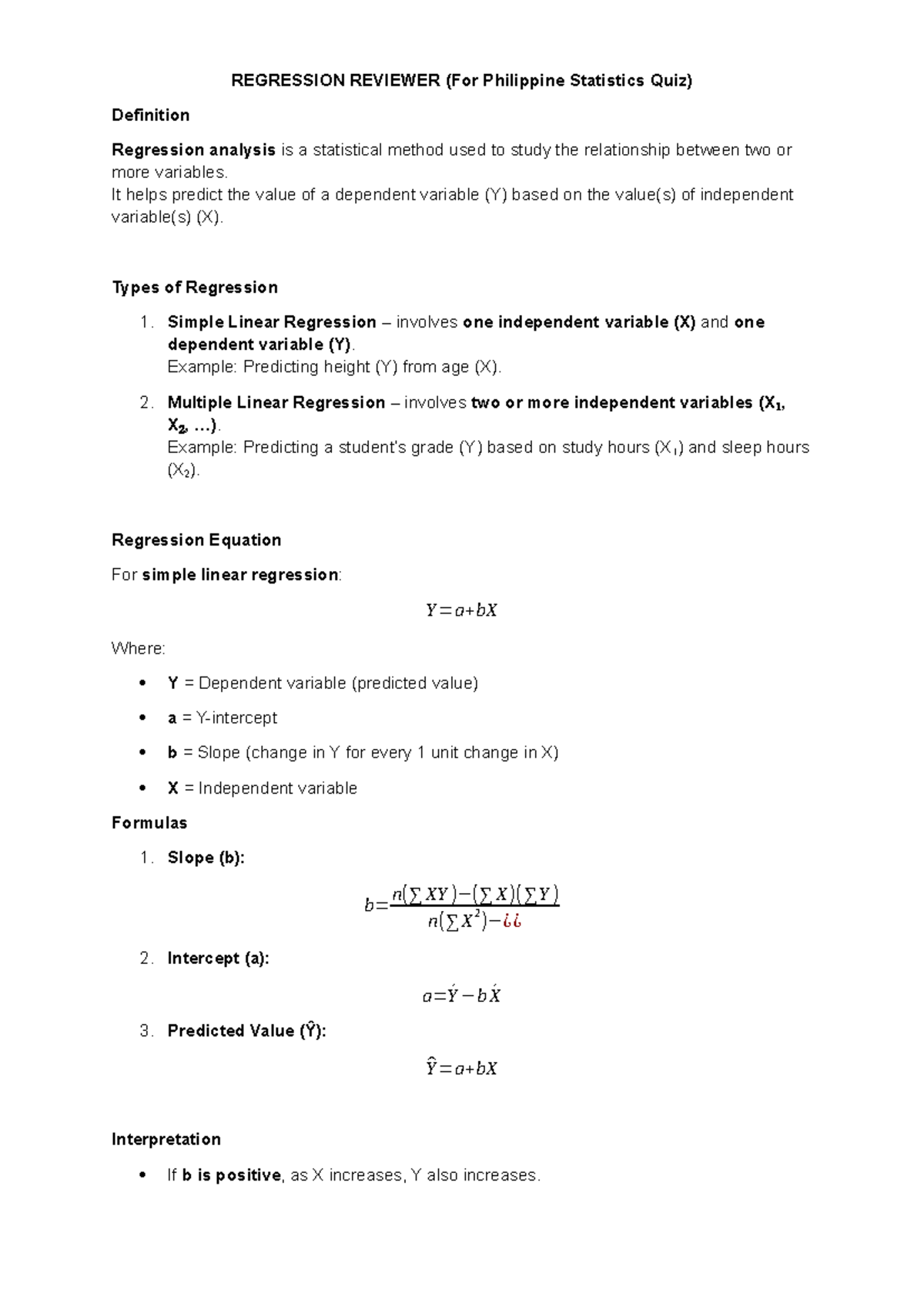 REGRESSION REVIEWER (Philippine Statistics Quiz) - Studocu