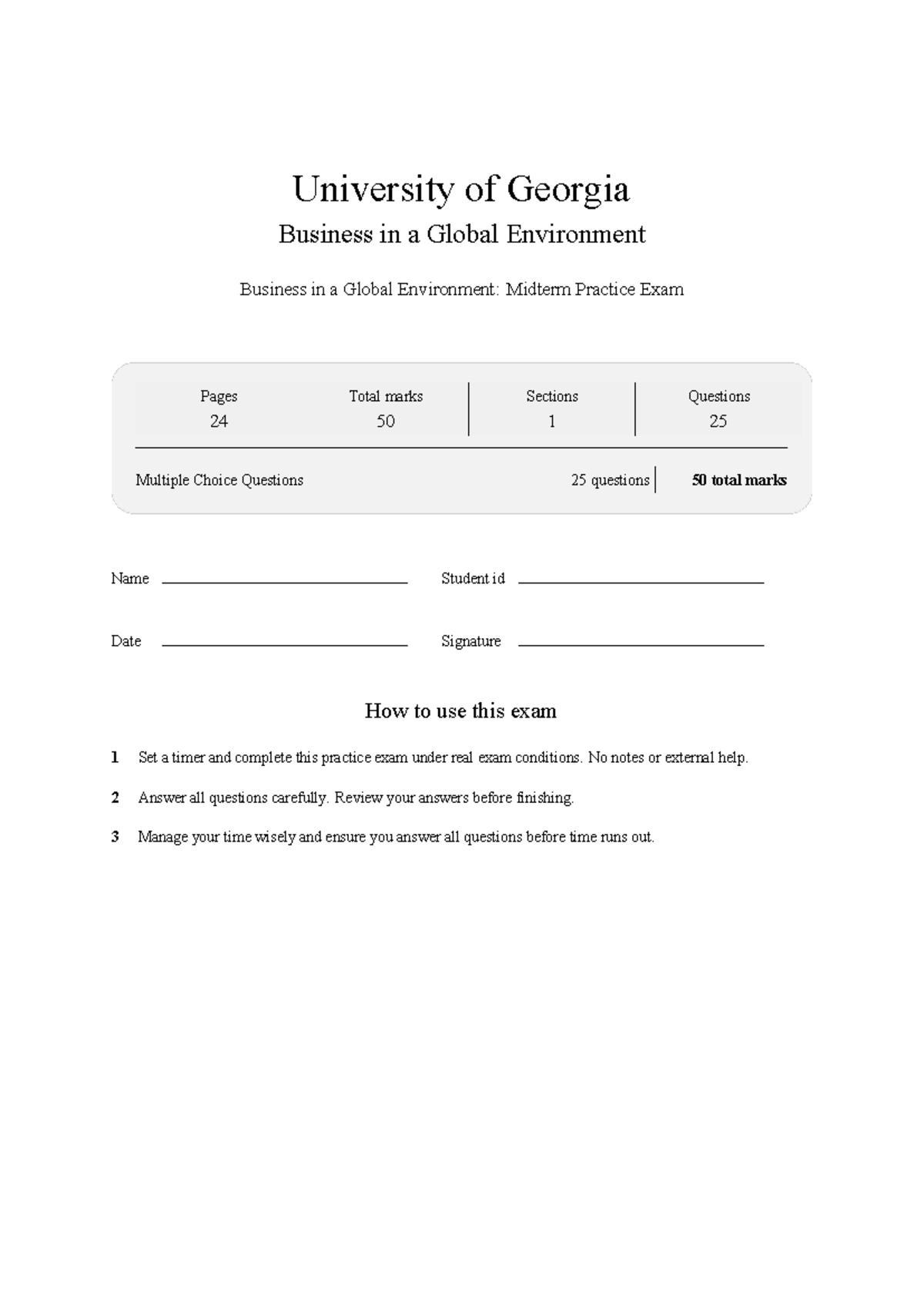 BUSN4650 Business in a Global Environment: Midterm Practice Exam 2026 ...