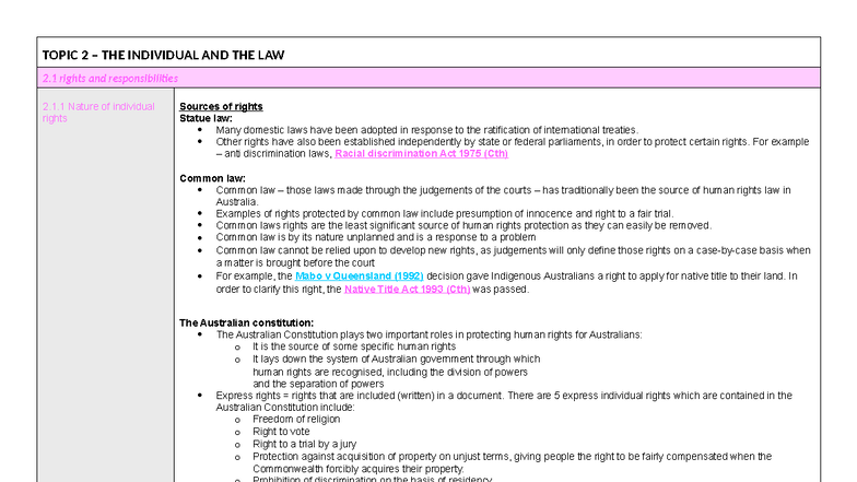 Topic 2 - The Individual and the Law: Rights and Responsibilities ...