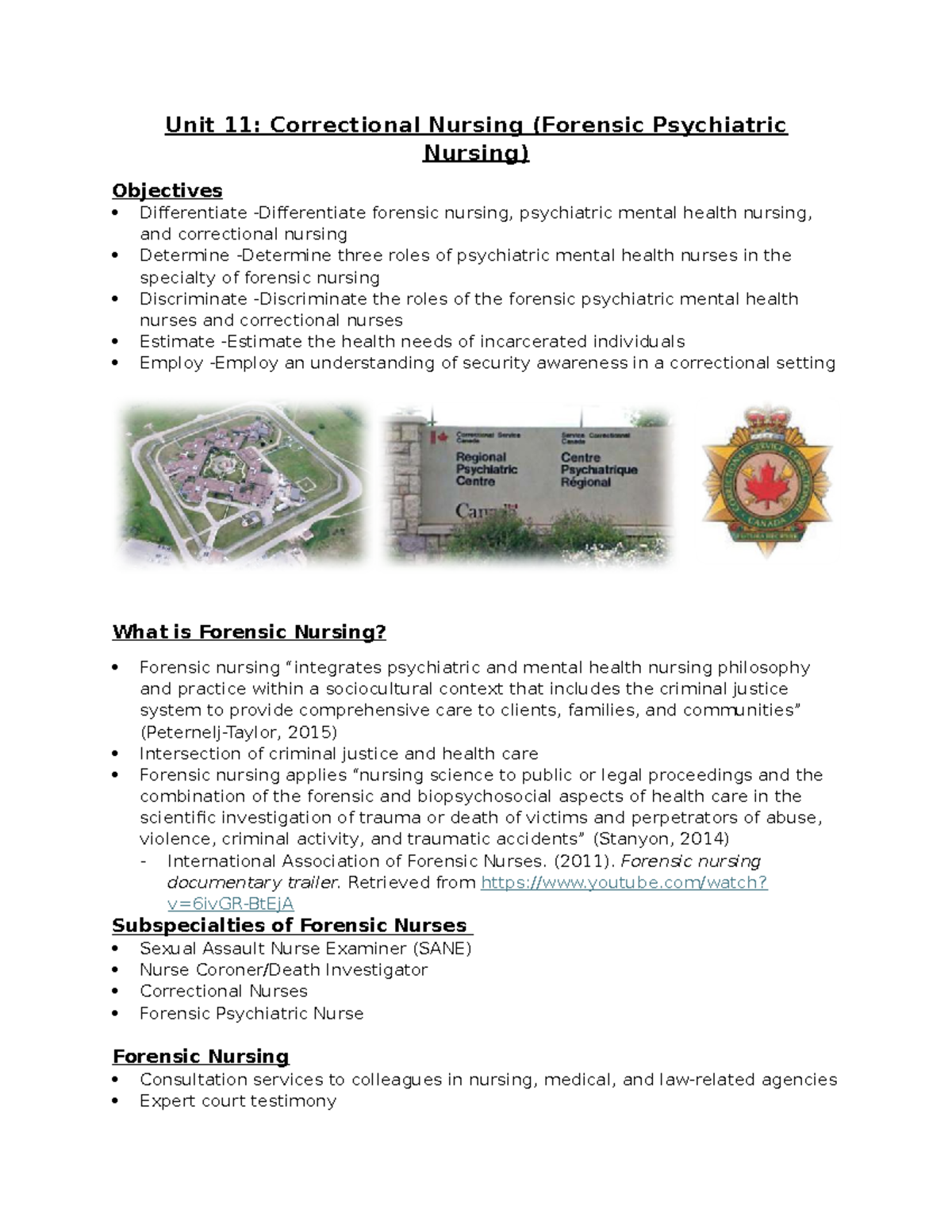 Unit 11: Correctional Nursing & Forensic Psychiatric Nursing Overview ...
