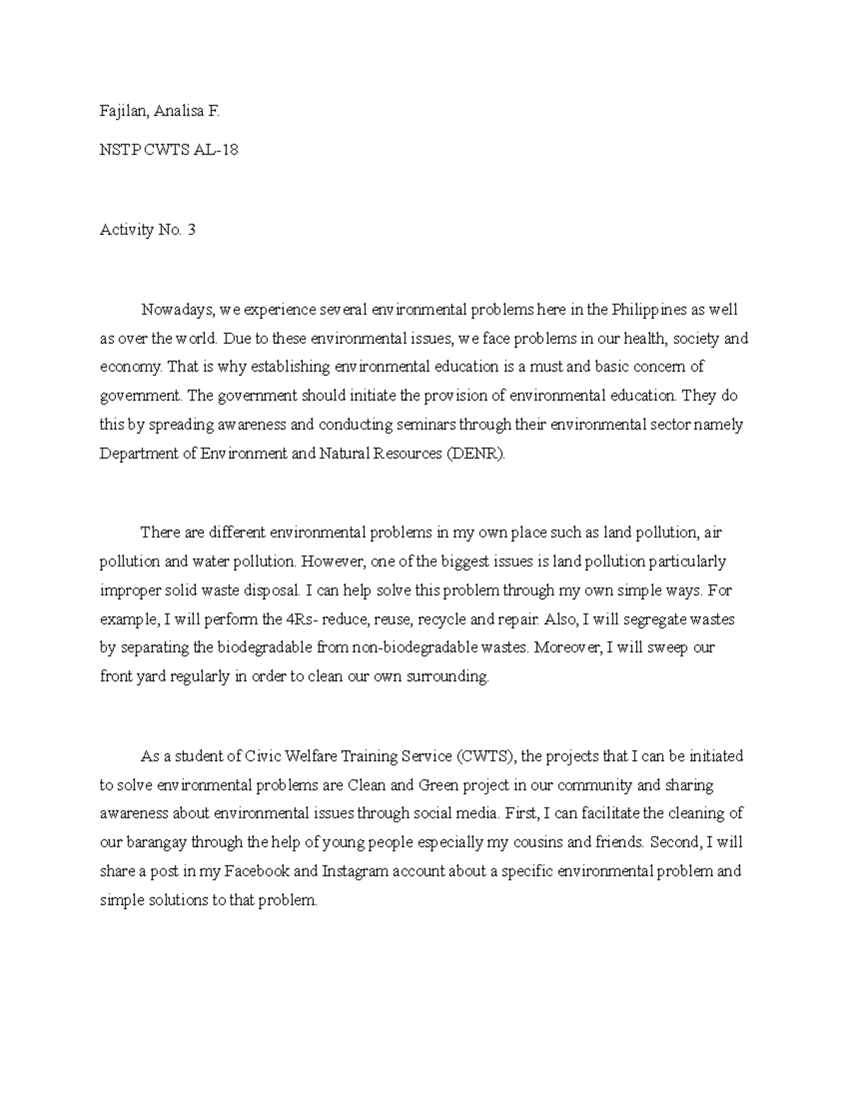 Activity 3 - NSTP-CWTS: Promoting Environmental Education Solutions ...