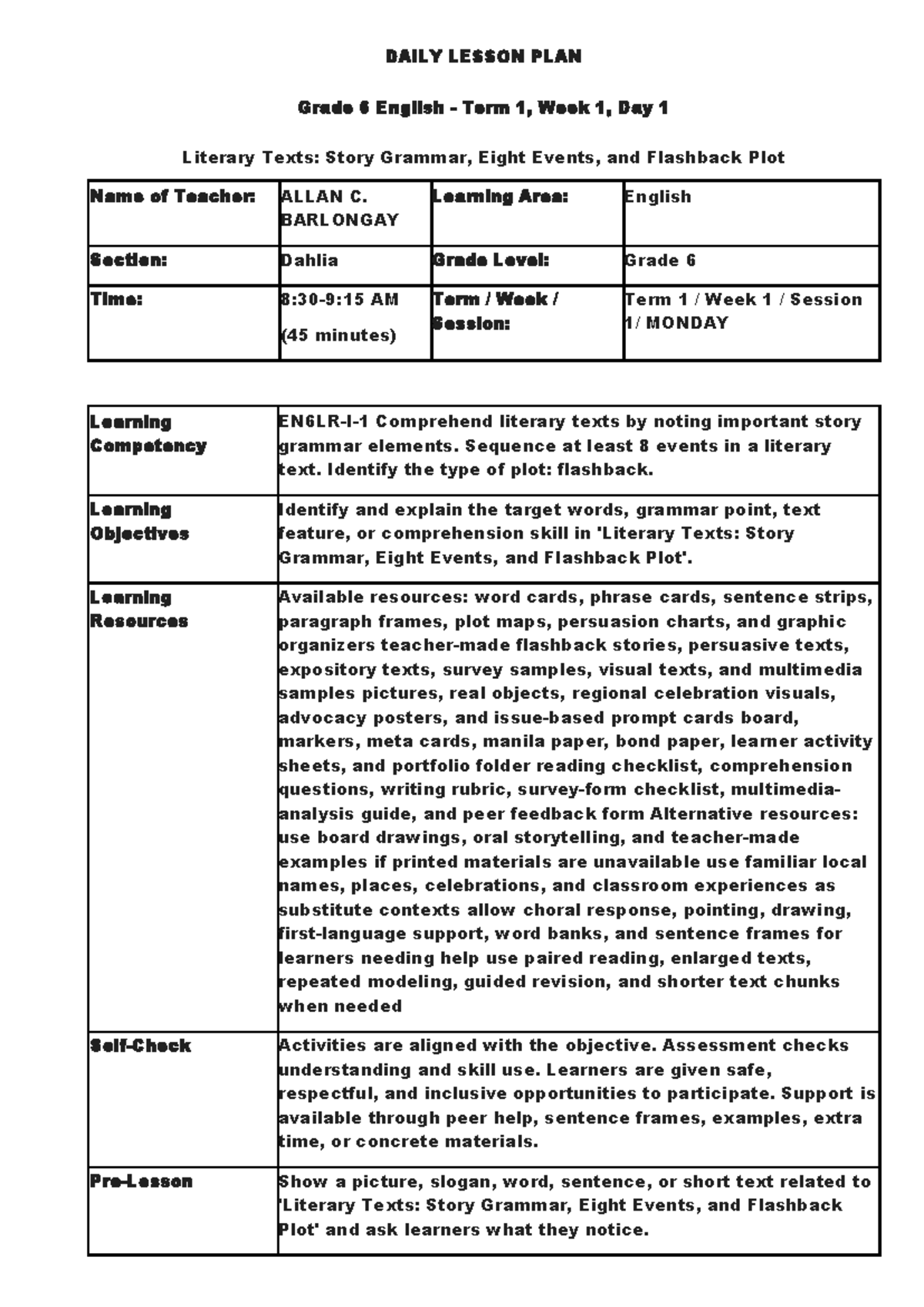 Grade 6 English DLL: Lesson Plan for Literary Texts & Flashback Plot ...
