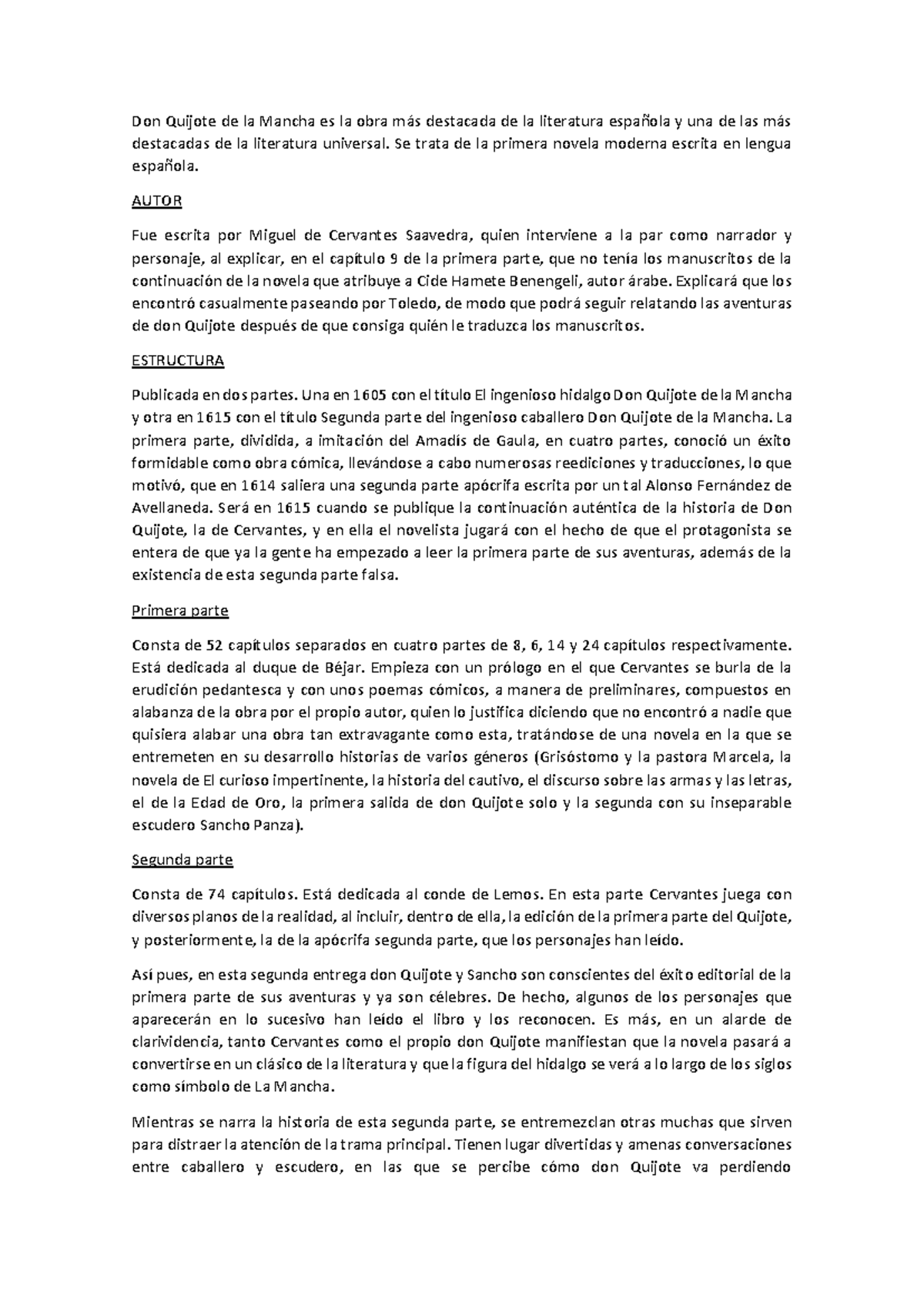Estudio Literario: Análisis de Don Quijote de la Mancha - Studocu