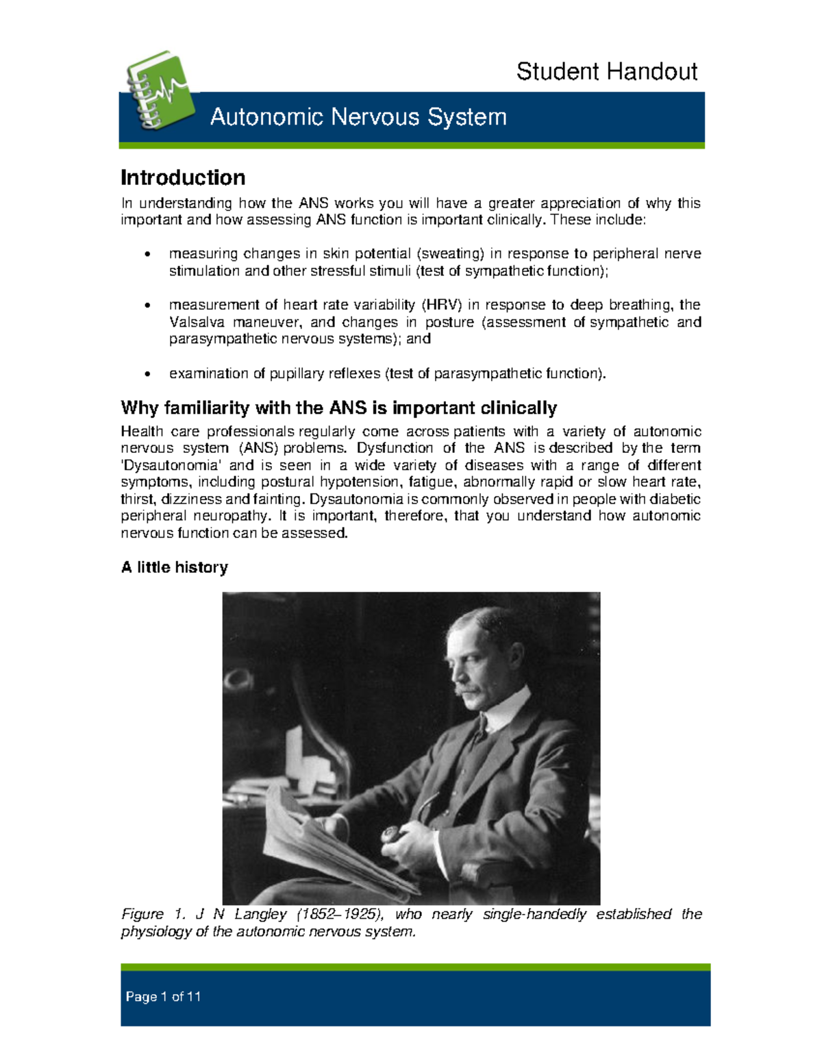 Assessment of Autonomic Nervous System Function: Student Handout - Studocu